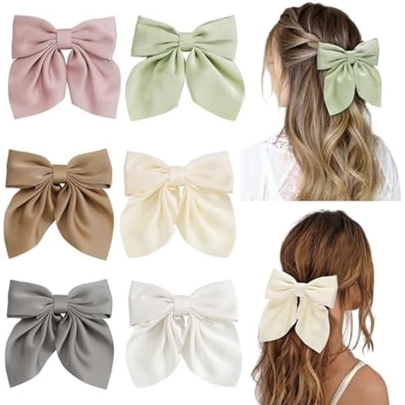 6 count Hair Bows for Women, Bow Hair Clips, Silky Satin Hair Bows for ...