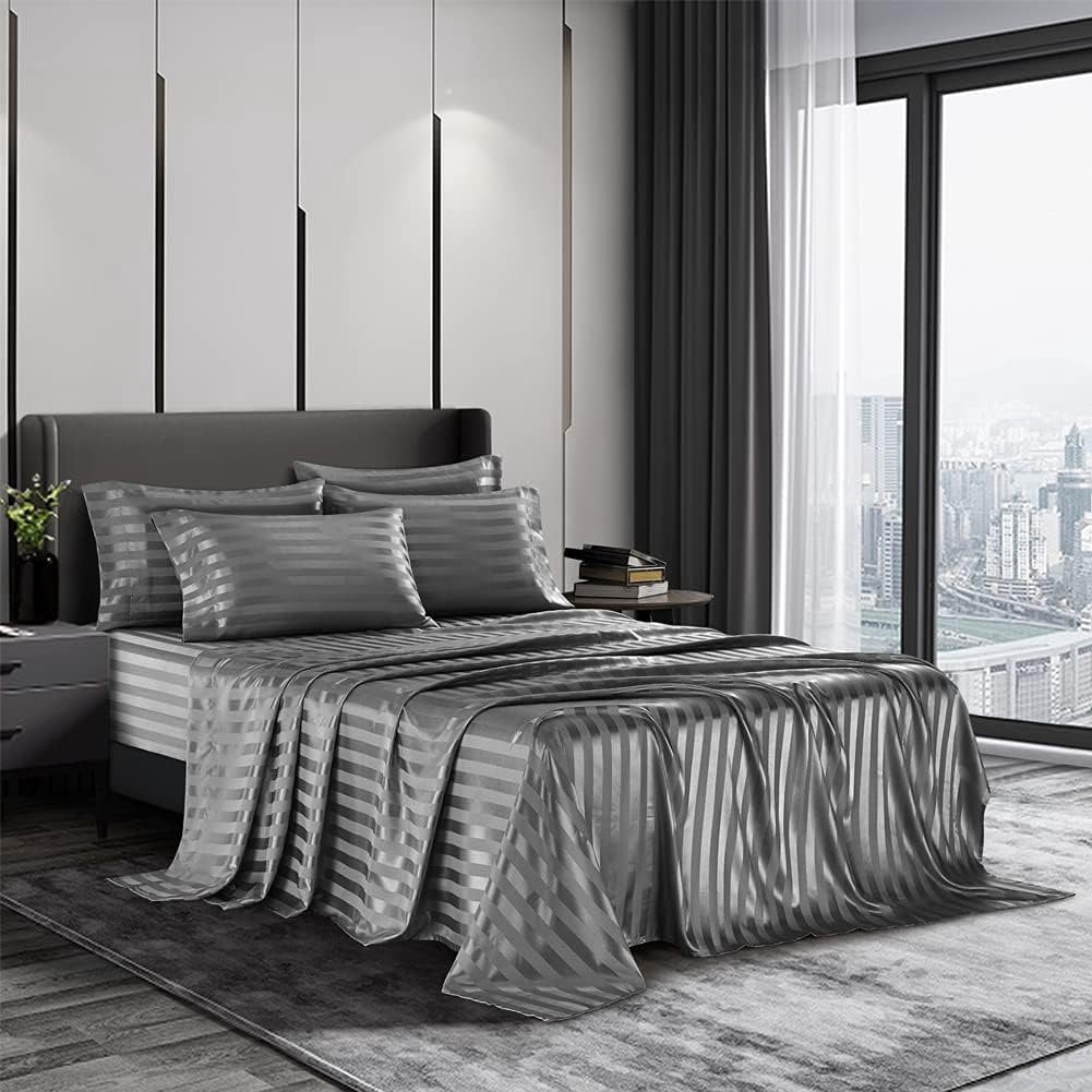 6 count Satin Italian Style Bed Sheet Set Deep Pocket Stripes 1800 ...