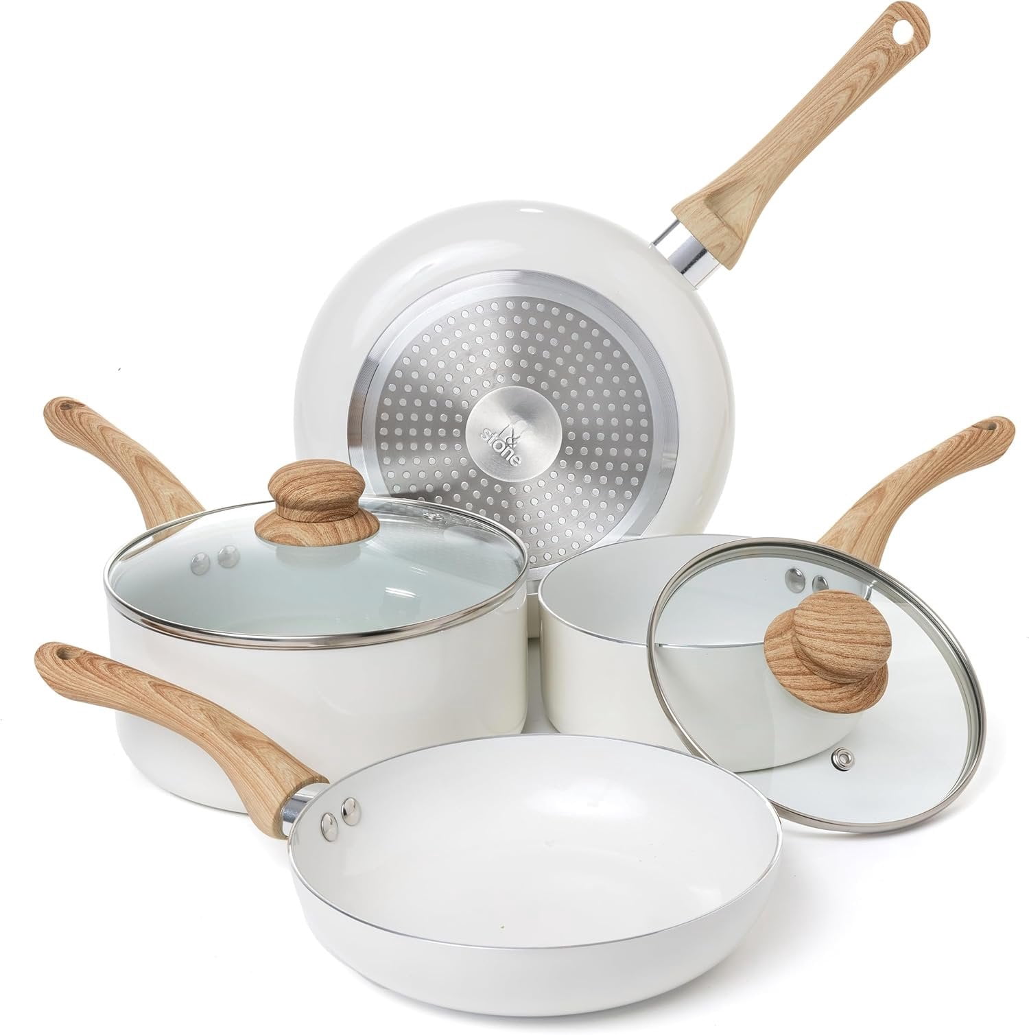 6 count White Nonstick Cookware Set, Pots And Pans Set Non With Glass ...