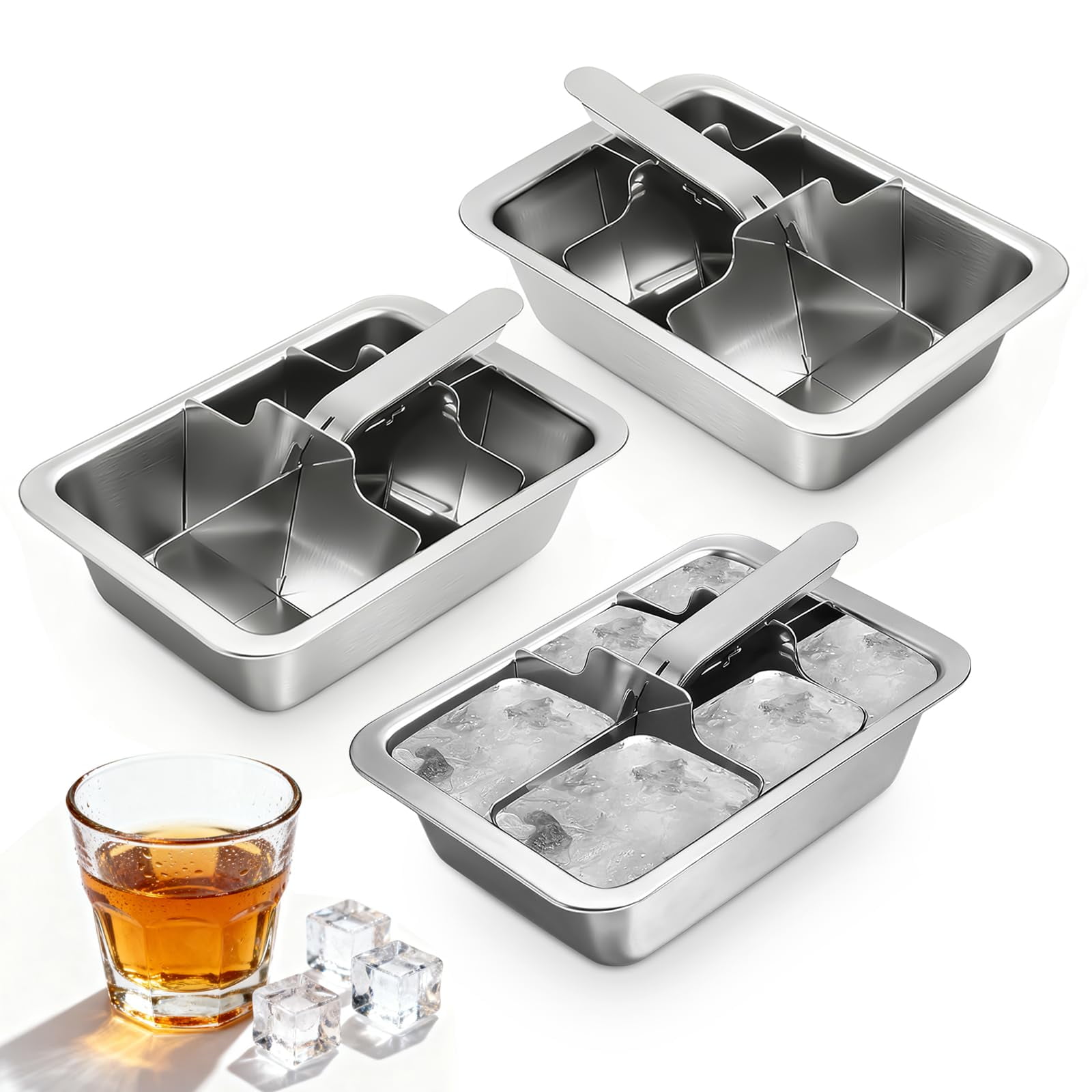 6 cube Stainless Steel Ice Cube Tray, Large Cube Mold for Whiskey ...