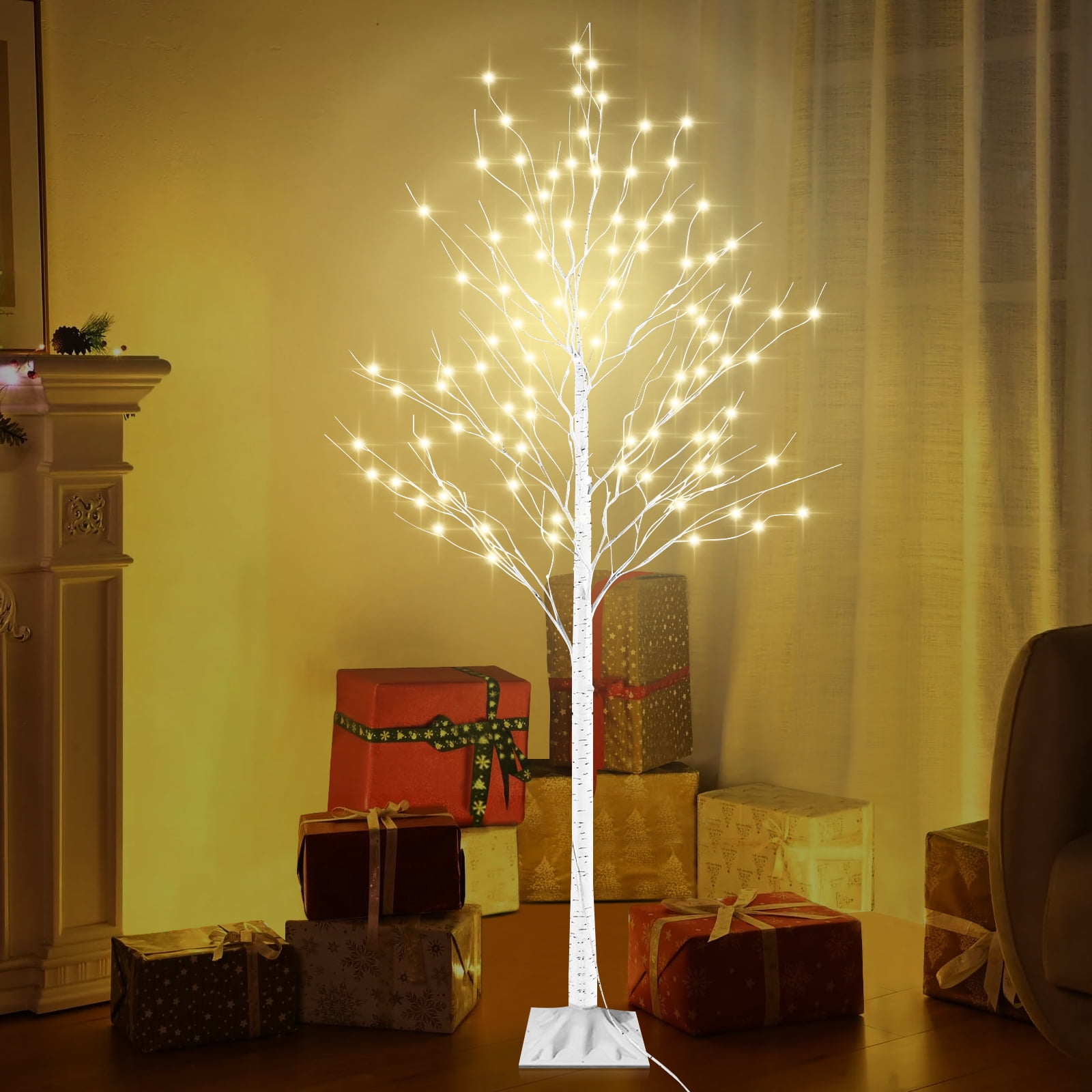 6 ft Artificial Birch Tree Light, Dimmable Lighted 440 LED Colors ...