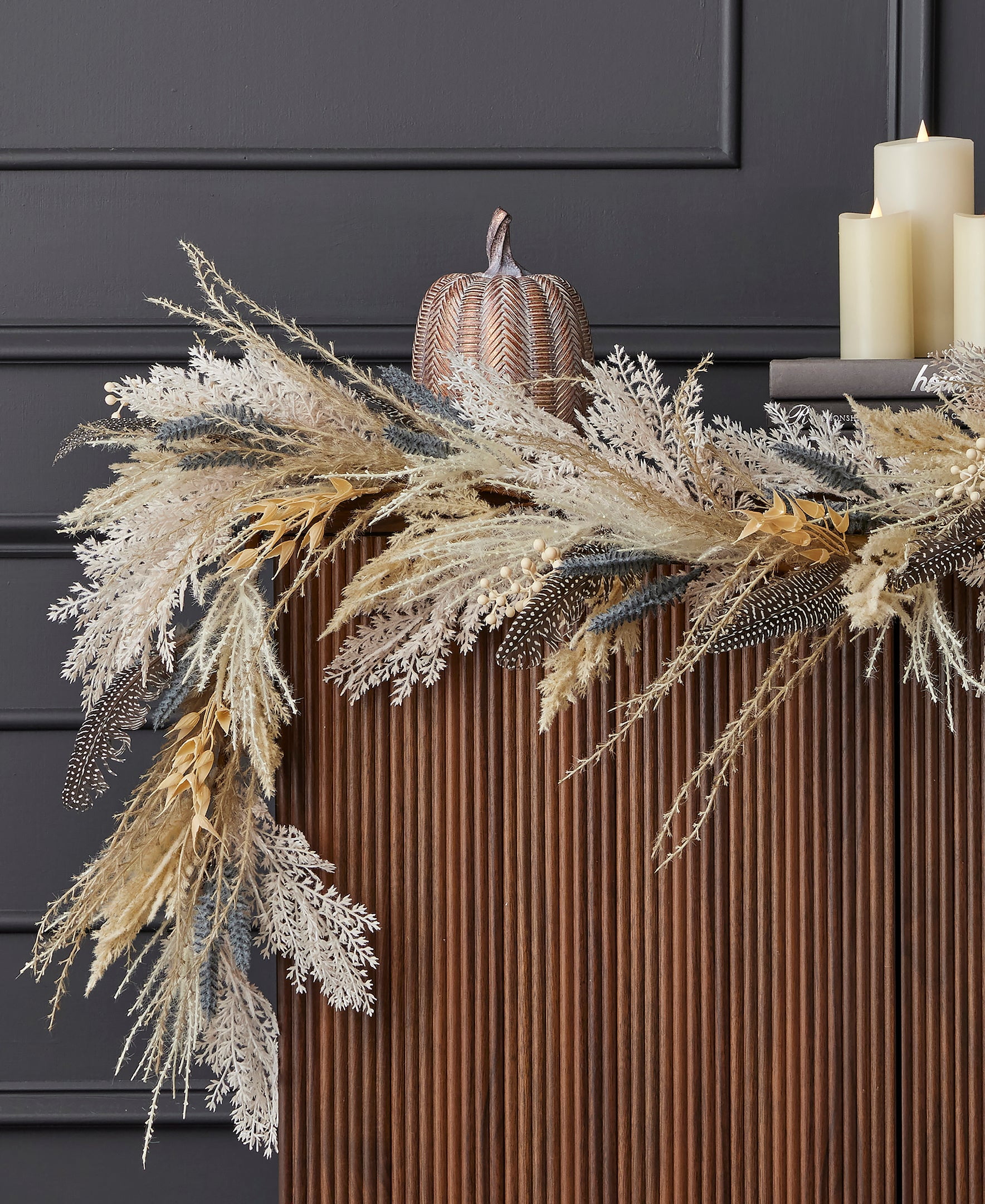 6 ft Fall Fields Garland with Blue Floral, Feather and Pampas ...