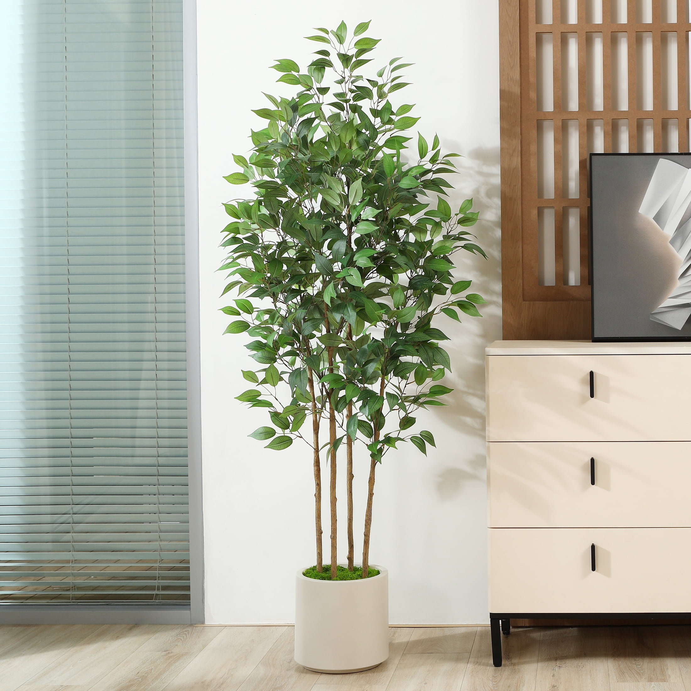 6 ft Faux Ficus Plant in Large White Planter, Artificial Ficus Tree in ...