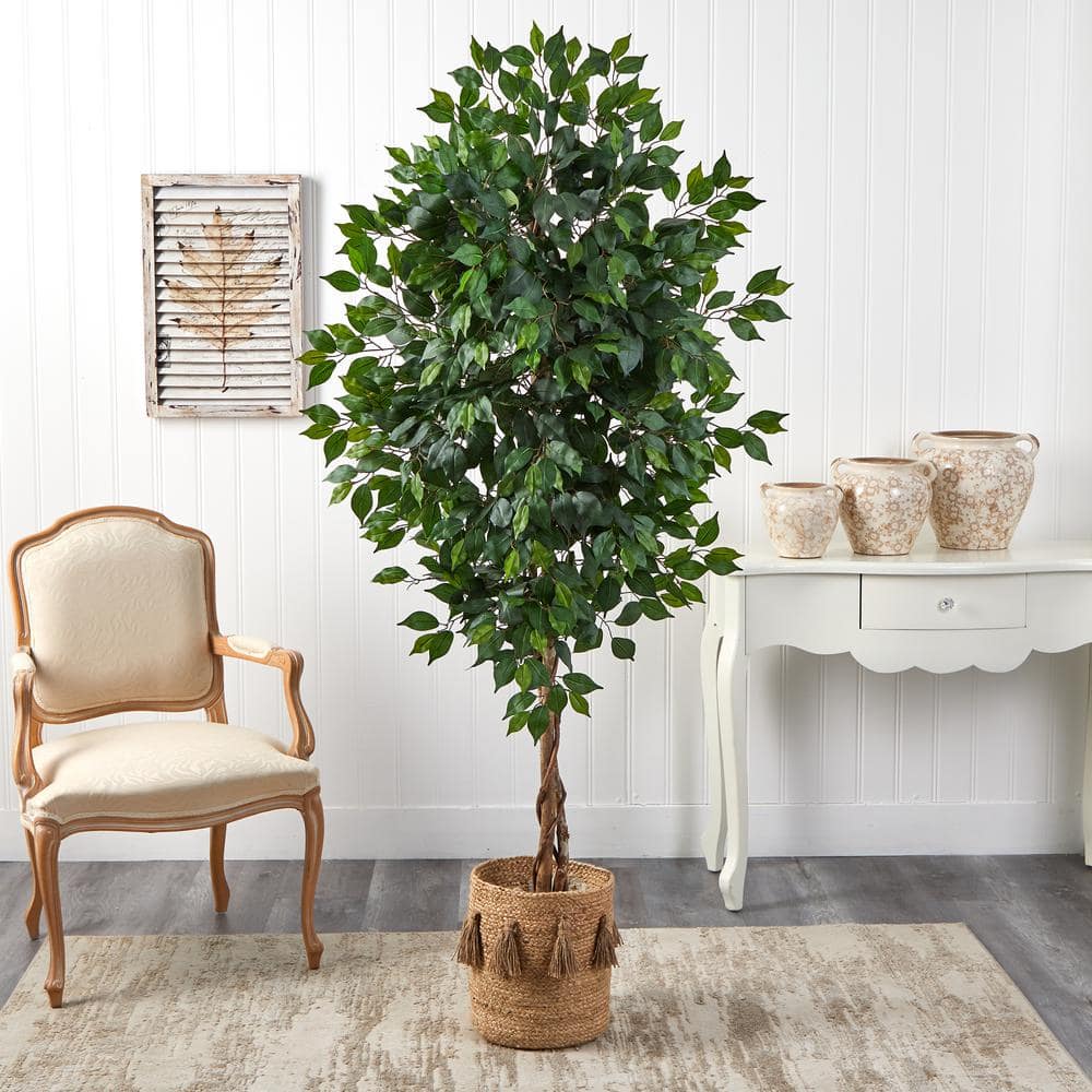 6 ft. Green Ficus Artificial Tree with Natural Trunk in Handmade ...