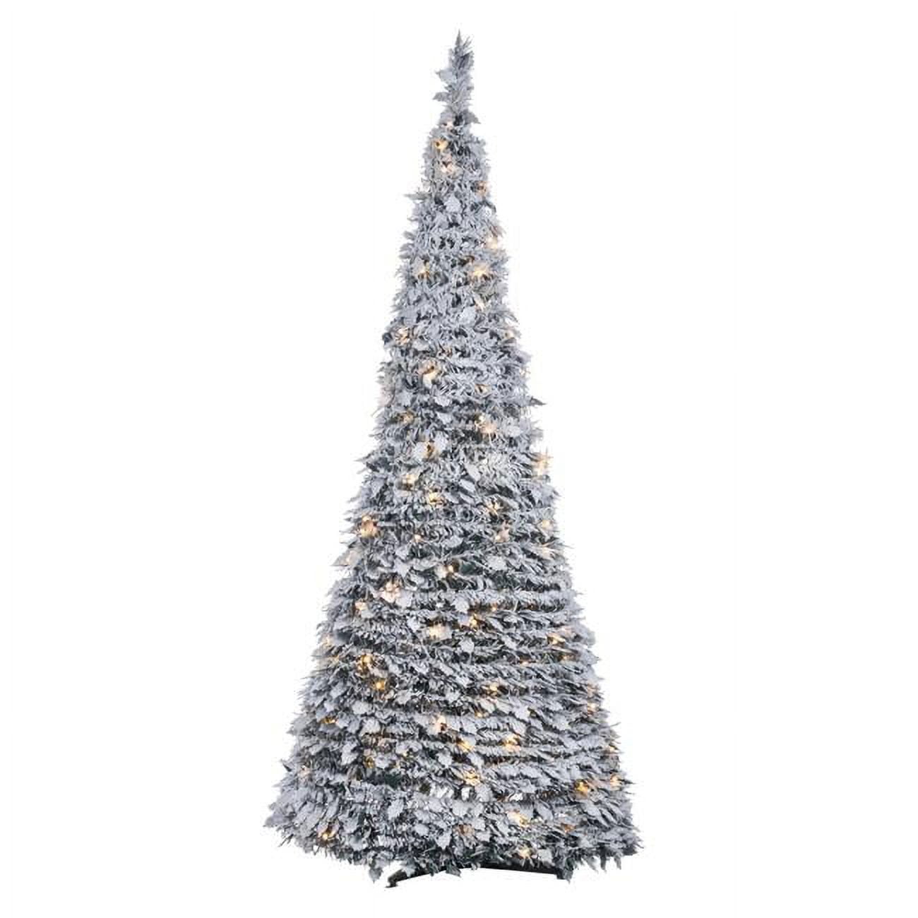 6ft High Pop-Up XMAS Pre-Lit Flocked Pine Tree with Holy Leaves, Multi ...