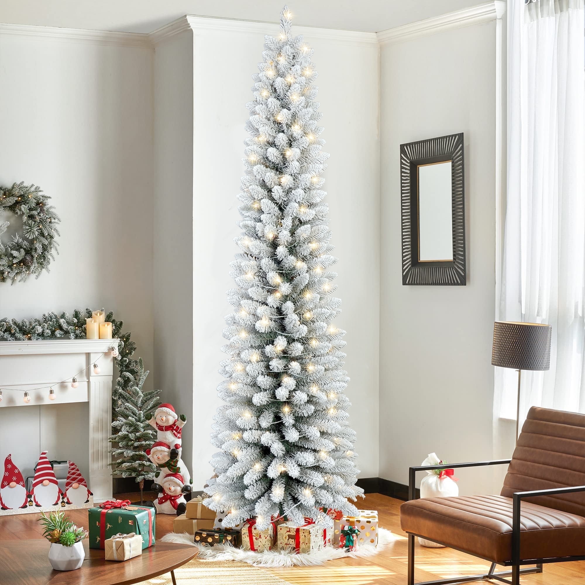 6 ft Pre-Lit Pencil Flocked Christmas Tree, Slim Spruce Holiday Decoration with Incandescent ...