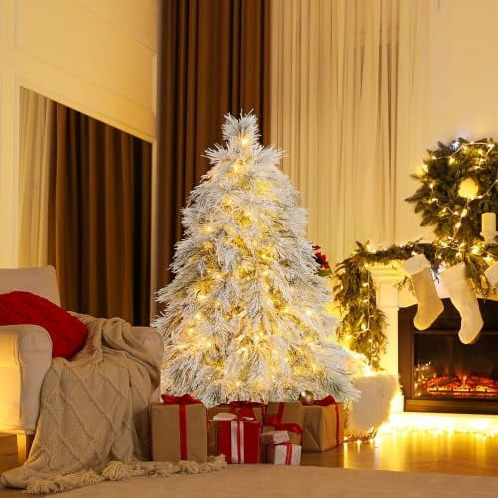 6 ft Prelit Flocked Christmas Tree, Holiday Xmas Tree with 250 Warm ...