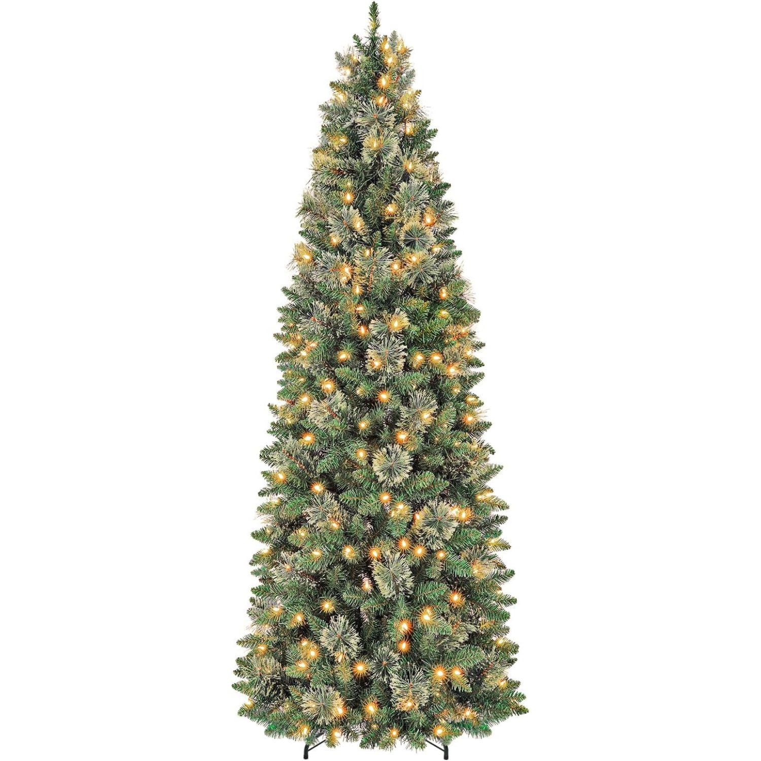 6 ft Prelit Pencil Slim Christmas Tree with 200 Warm White LED Lights ...