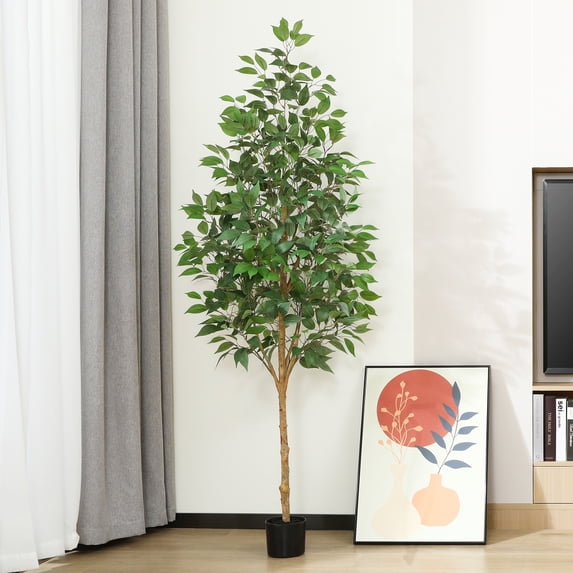 6 ft Realistic Artificial Ficus Tree in Pot, Natural Trunk, Lush Leaves ...
