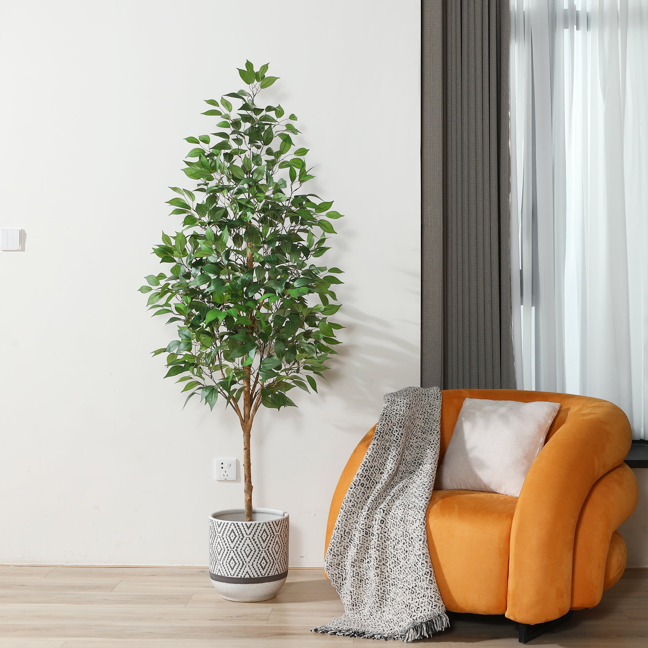 6 ft Realistic Artificial Ficus Tree in Pot, Natural Trunk, Lush Leaves ...