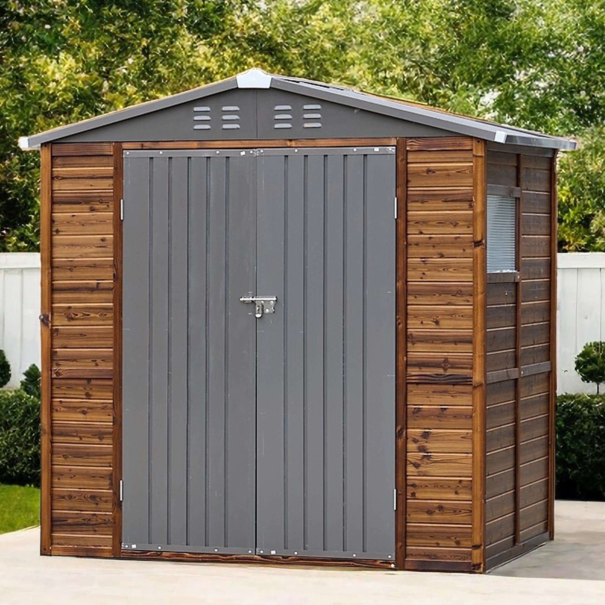 6 ft. W x 4 ft. D Outdoor Iron & Solid Wood Tool Storage Shed with Two ...