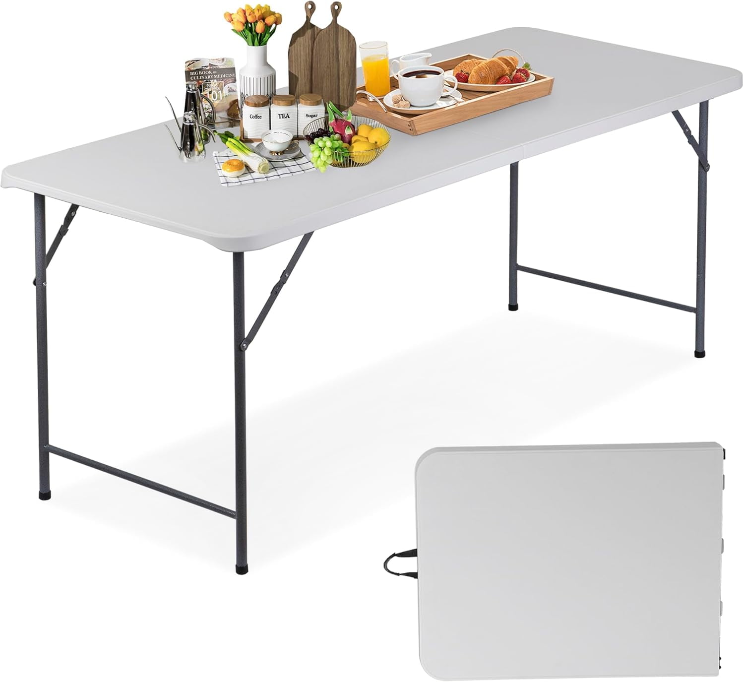 **6 ft folding plastic table, fold in half, heavy duty portable card ...