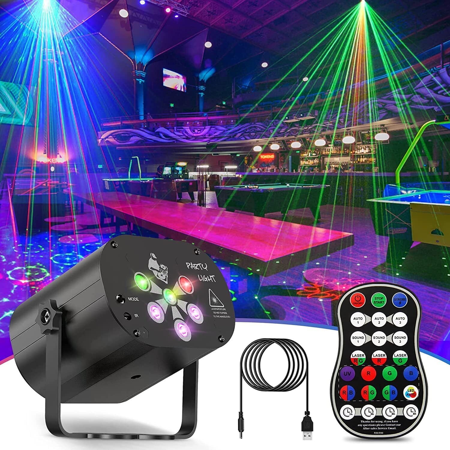 6-hole Party Lights Disco Lights, UV RGB Led Sound Activated DJ Laser ...