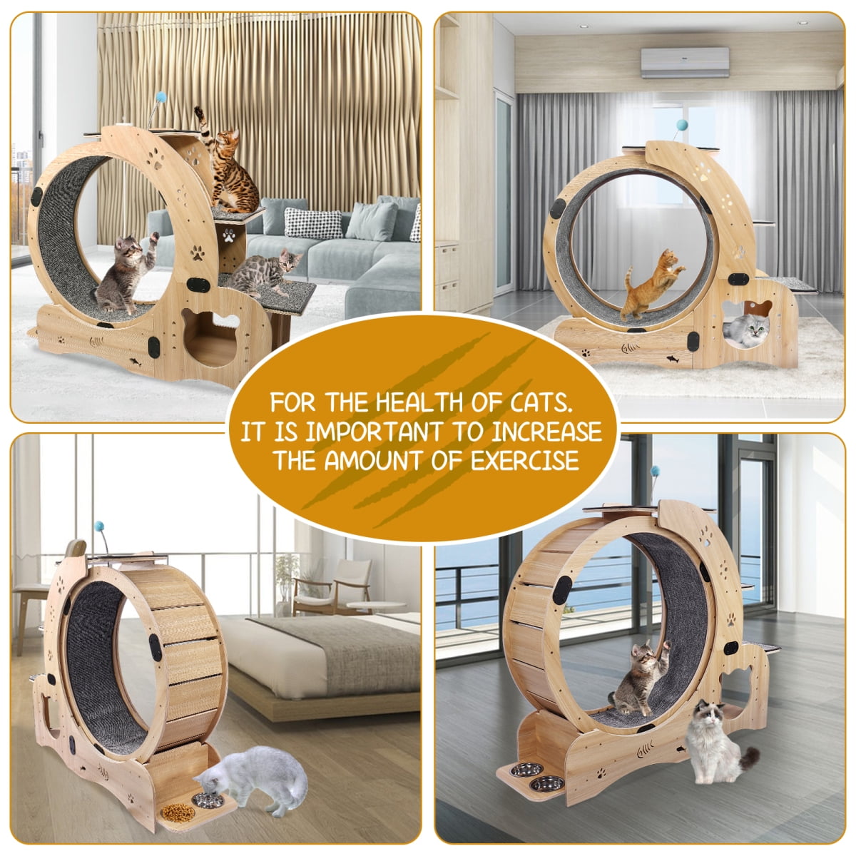 6-in-1 Cat Exercise Wheel Natural Wood Silent Large Cat Treadmill for ...