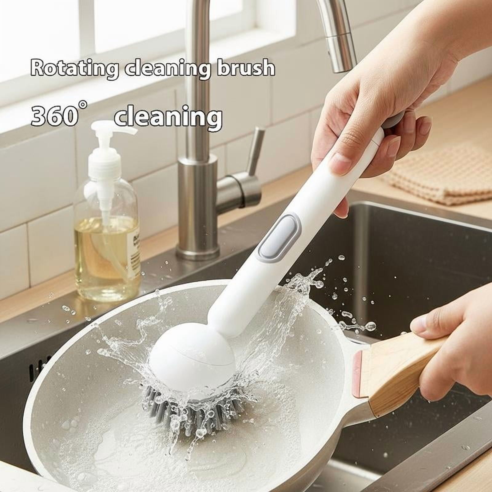 6-in-1 Dish Brush with Detergent Dispenser 360° Rotating Scrubber for ...