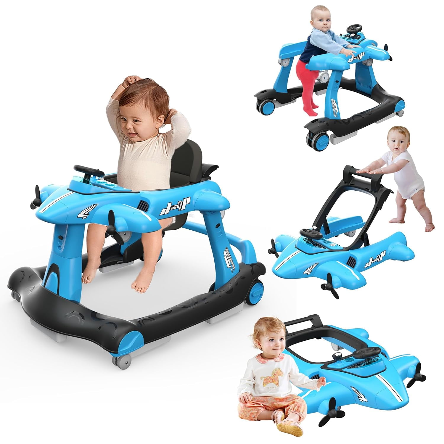 6-in-1 Foldable Baby Walker with Adjustable Height & Speed, Airplane ...