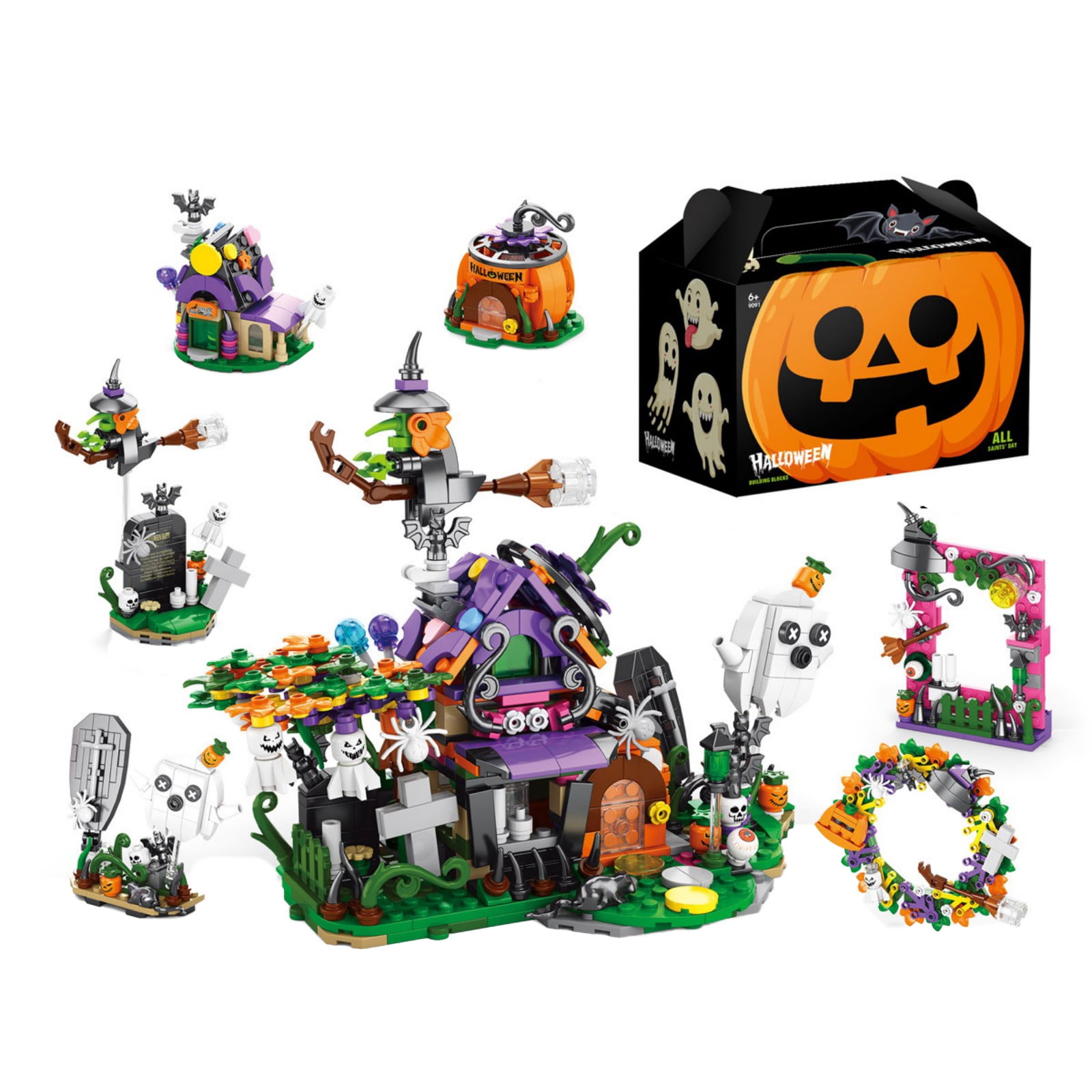 6-in-1 Halloween Witch House Building Block Set, Spooky Haunted Castle ...
