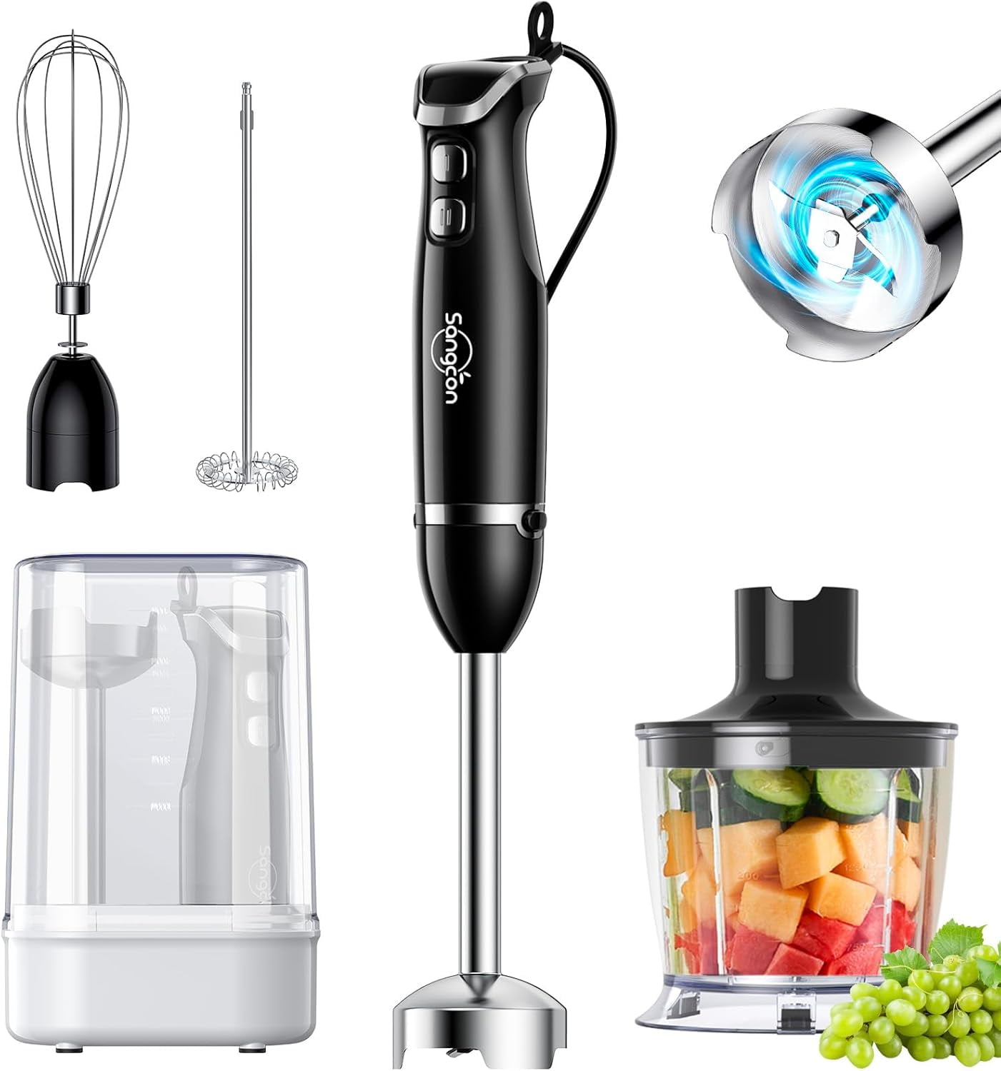 6-in-1 Immersion Blender Handheld, Hand Blender with Chopper & 34oz ...