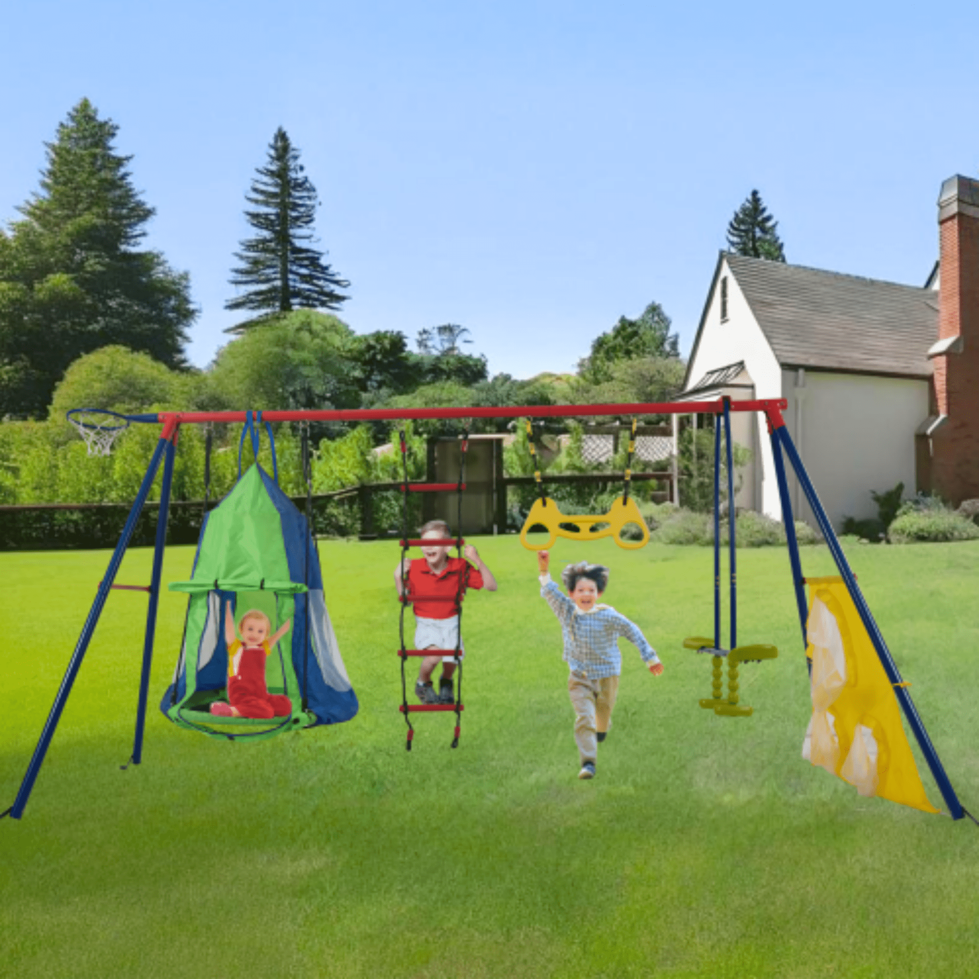 6-in-1 Kids Swing Sets for Backyard, Rainbow Colour Kids Swing Set with Padded Saucer and ...