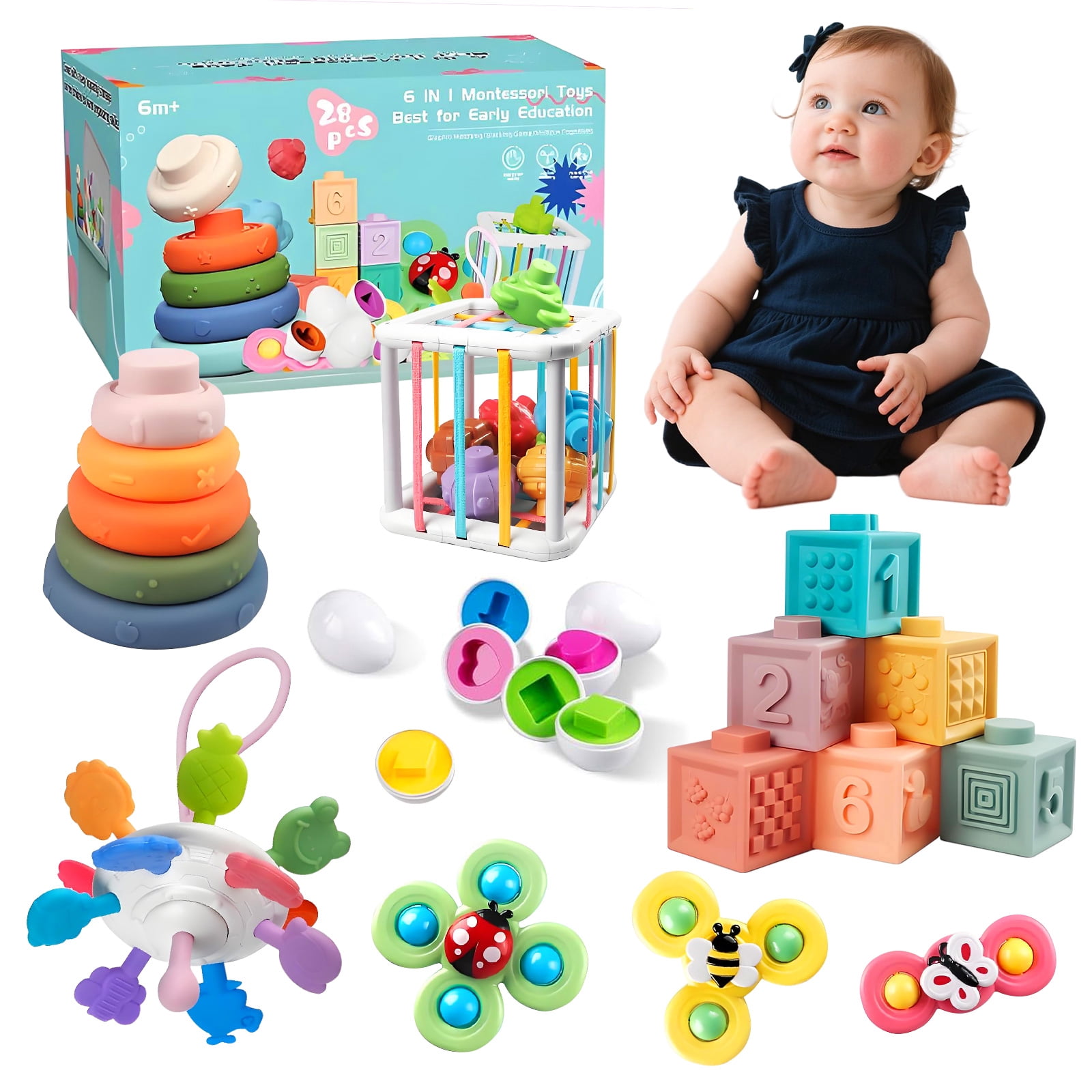 6-in-1 Montessori Baby Toys for 6-12 Months, Pull String Teether ...
