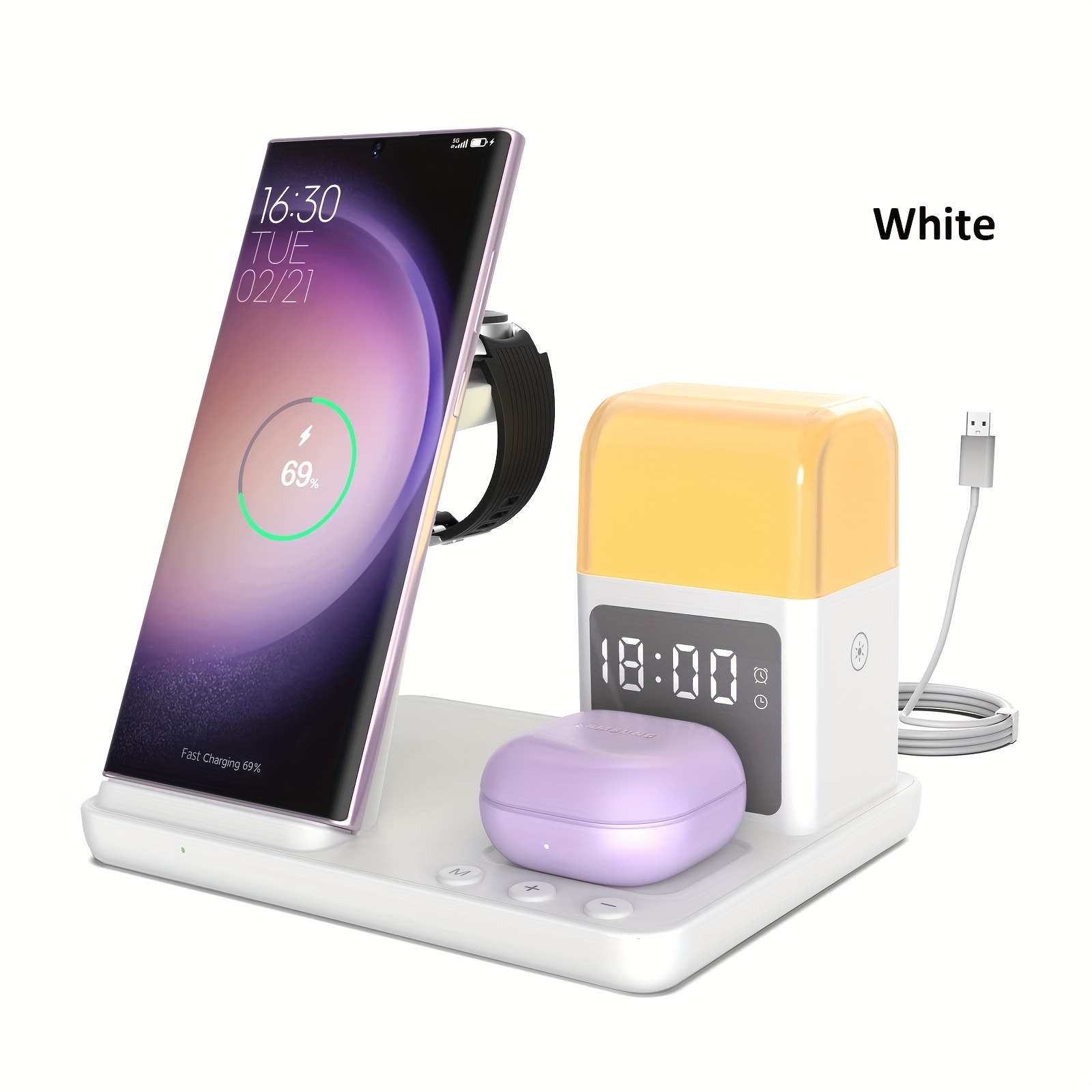 6-in-1 Multifunctional Wireless Charging Dock with Time Display, Alarm Clock & Night Light for ...
