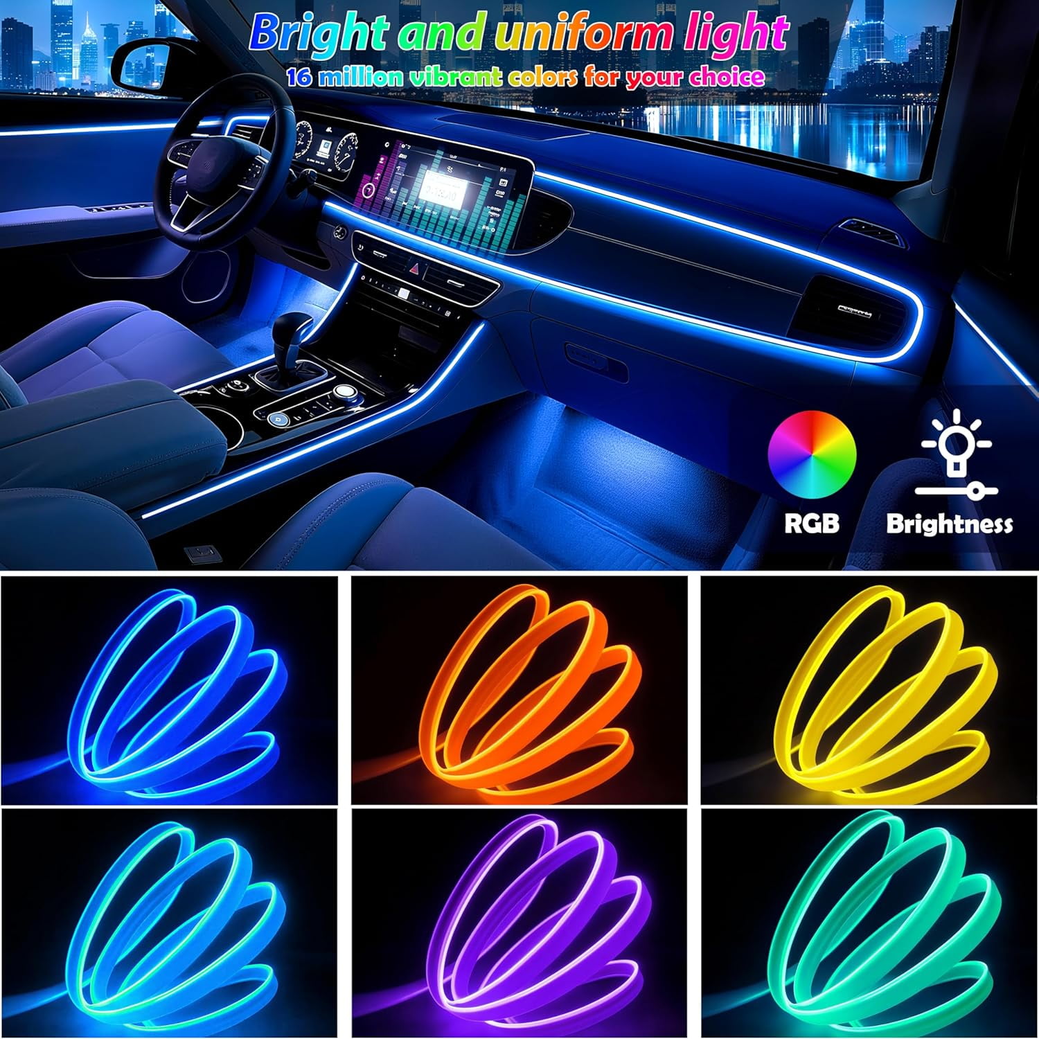 6-in-1 RGB Car LED Strip Lights, USB Powered Interior Ambient Lighting Kit with App Control, 4 ...