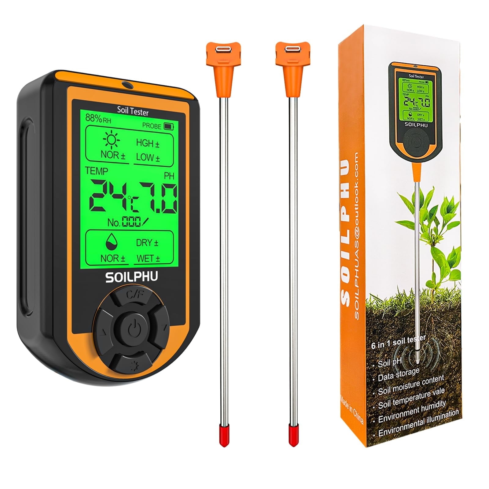6-in-1 Soil Tester with Removable Probes, Data Storage, Environment ...