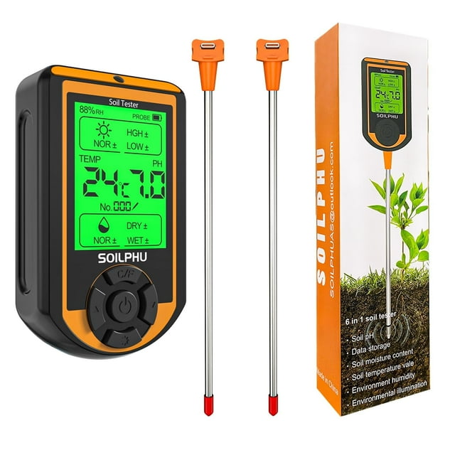 6-in-1 Soil Tester with Removable Probes, Data Storage, Environment ...