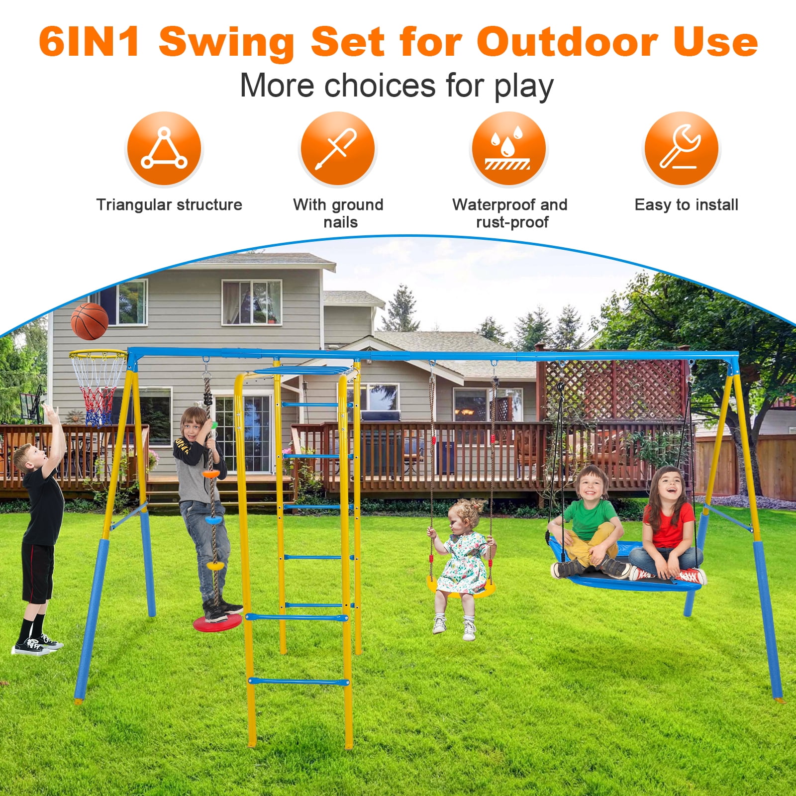 6 in 1 Swing Sets for Outside,A-Frame Swing Set with Monkey Bars,3 ...