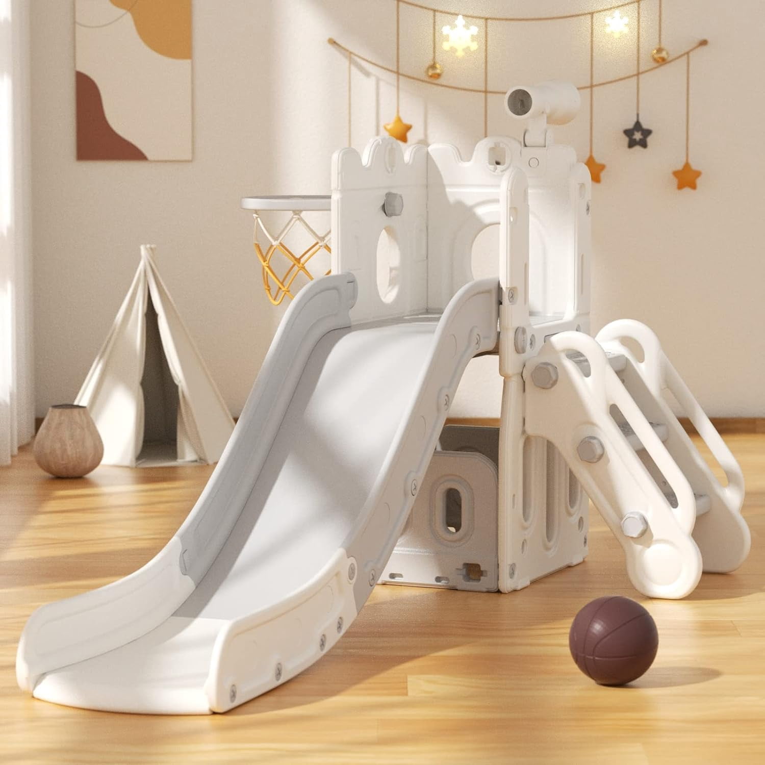 6 in 1 Toddler Slide, Kids Climber Slide with Basketball Hoop and Ball ...