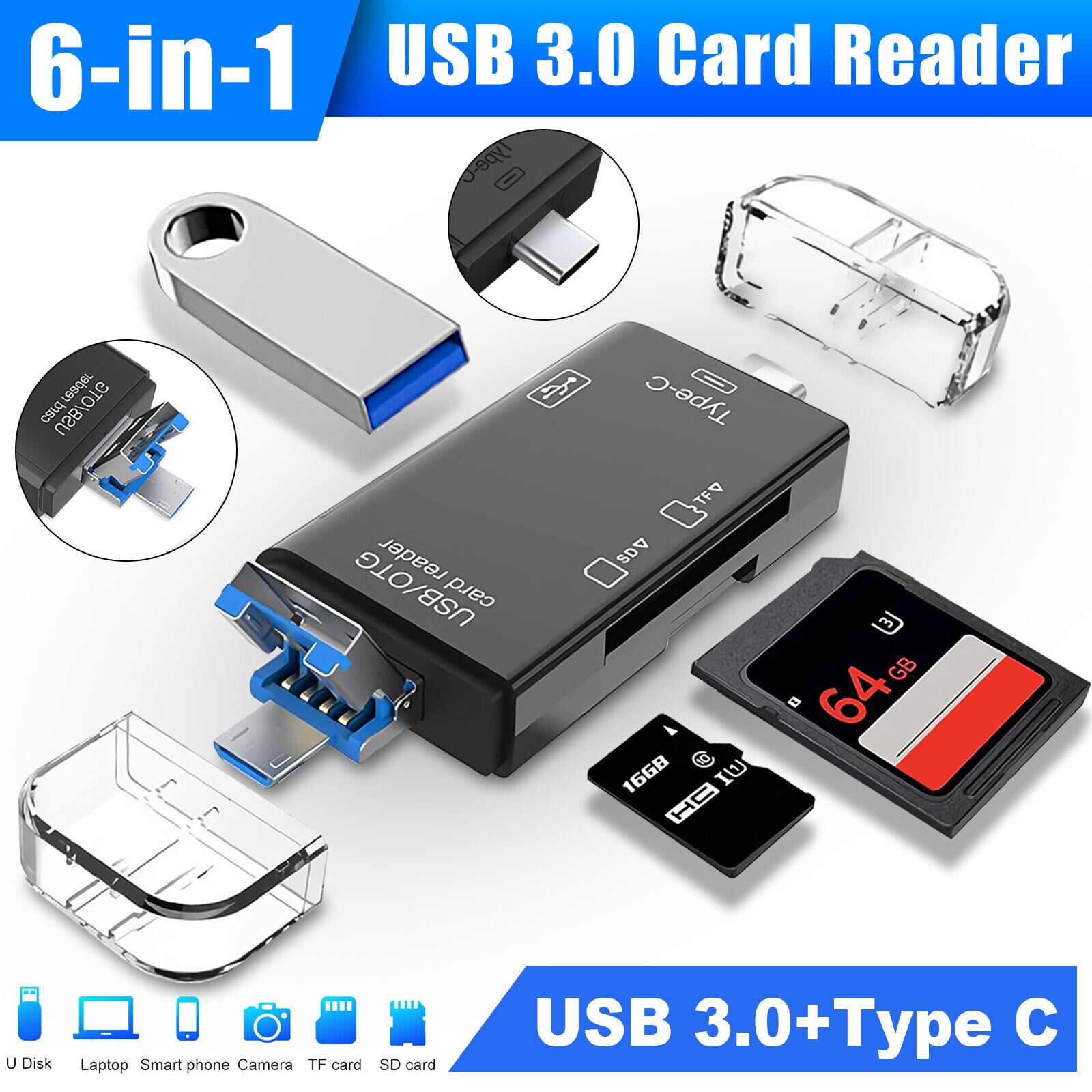 6-in-1 USB 3.0 Card Reader USB Type C TF SD OTG Memory Adapter Laptop ...