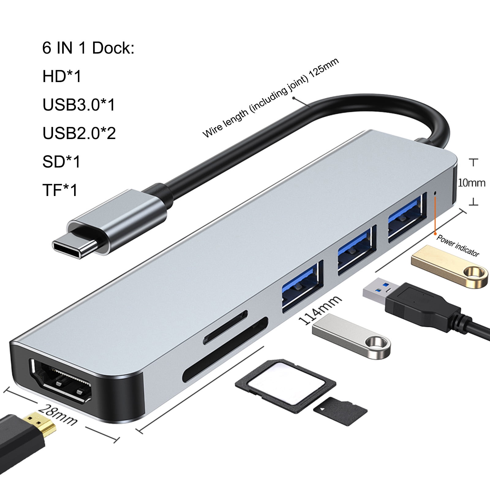 6 in 1 USB-C Type C HD Output 4K USB 3.0 HD Adapter HUB Multi-function Dock - Walmart.com