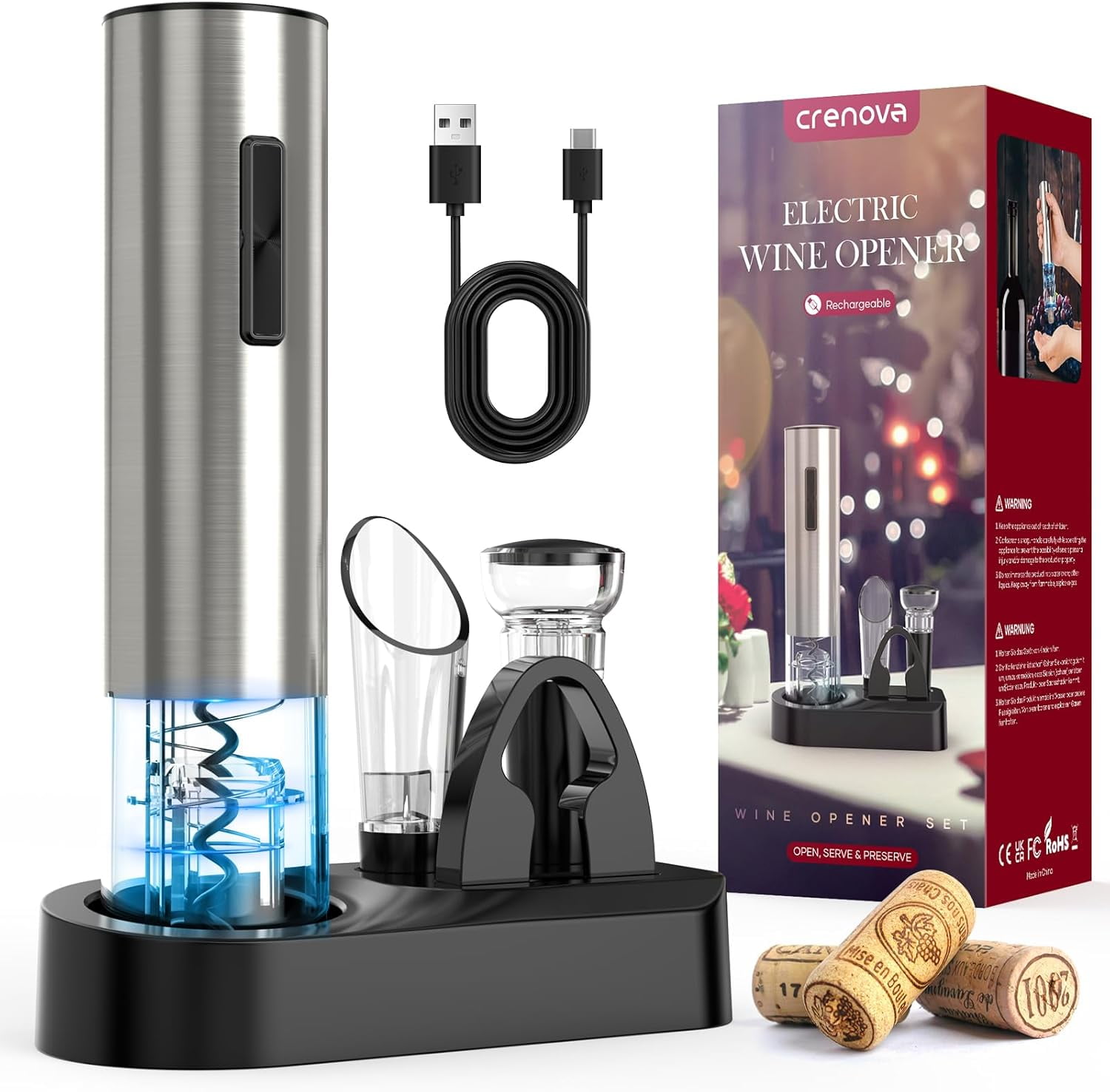 6-in-1 Wine Opener Electric Rechargeable Automatic Corkscrew Bottle ...