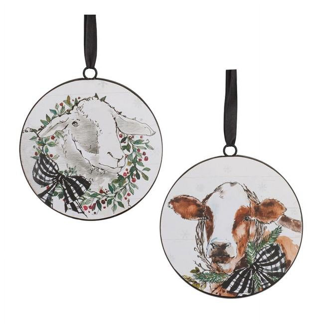 6 in. Iron & Jute Holiday Cow & Sheep Disc Ornament, Black & White ...