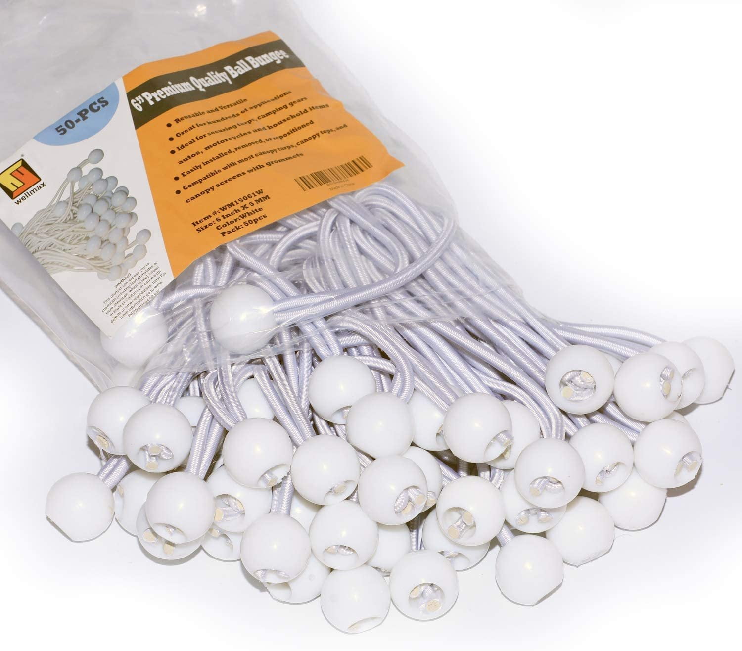 Wellmax 6 inch 50 Piece Heavy Duty Long Lasting 5mm Ball Bungee Canopy ...