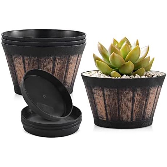 6 inch Brown Barrel Planters with Drainage Holes & Saucer, Set of 4 ...