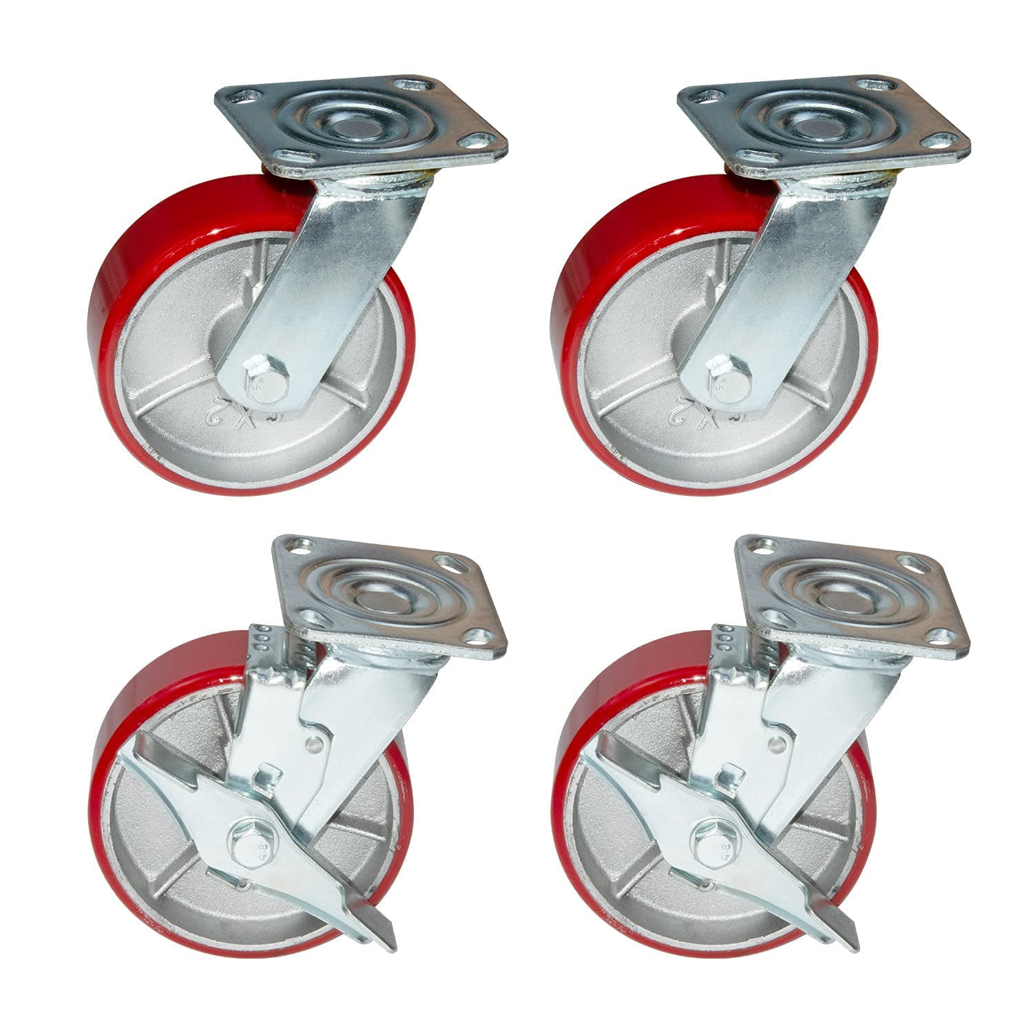6 inch Heavy Duty Casters Set of 4 Swivel Steel Wheels Red Polyurethane ...