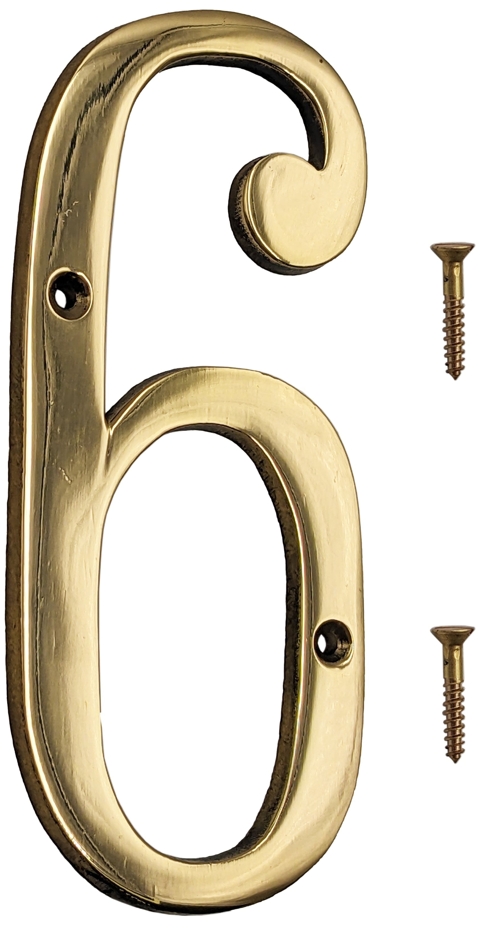 6-inch House Number 6 (Six) with Mounting Screws, Polished Brass, Shiny ...
