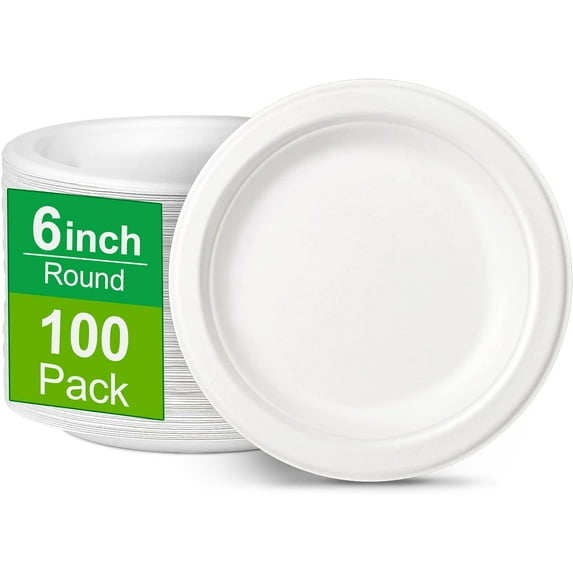 6 inch Paper Plates - 100 Pack, Compostable, Small White Plates for ...