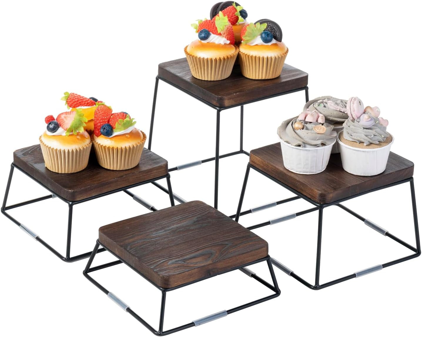 6-inch square brown solid wood and matte black metal wire cupcake ...