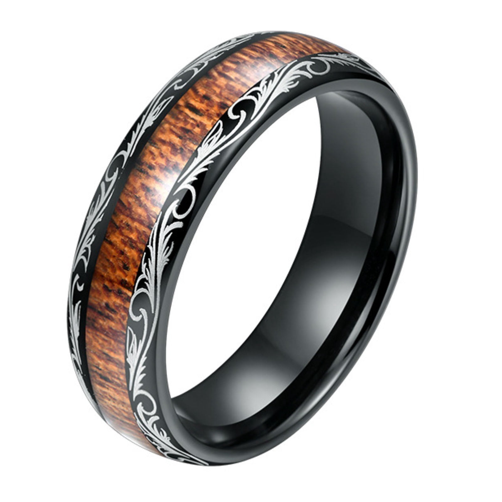 6 mm Wide Black Laser Textured Tungsten Steel Glossy Plain Men's Ring ...