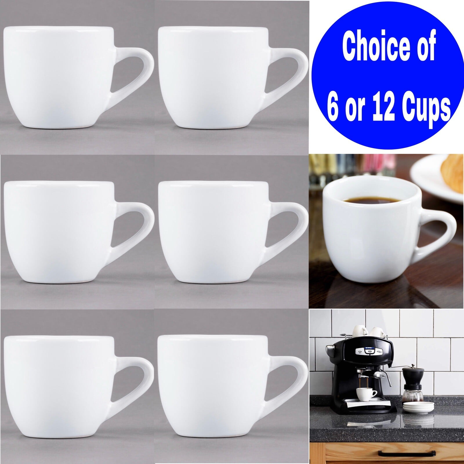 6 or 12 Espresso Coffee Cup Cups Rolled Edge Bright White Stoneware 3.5 ...