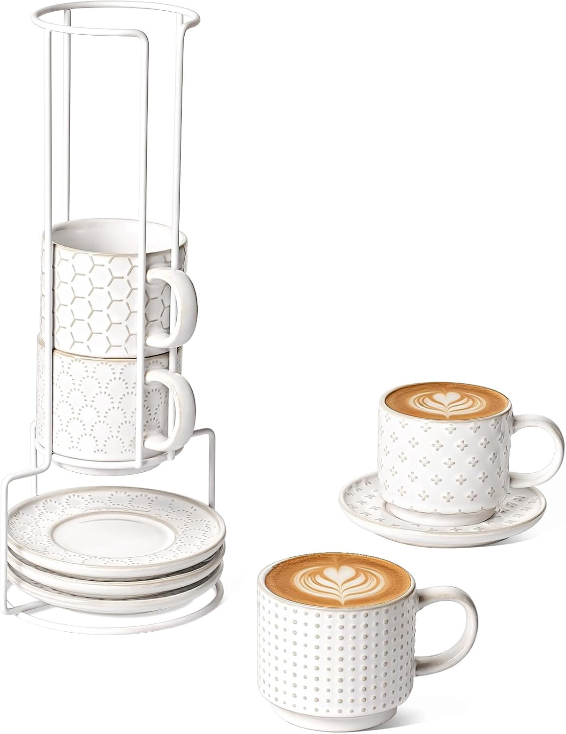 6 oz Stackable Cappuccino Cups with Saucers and Stand, Set of 4 ...