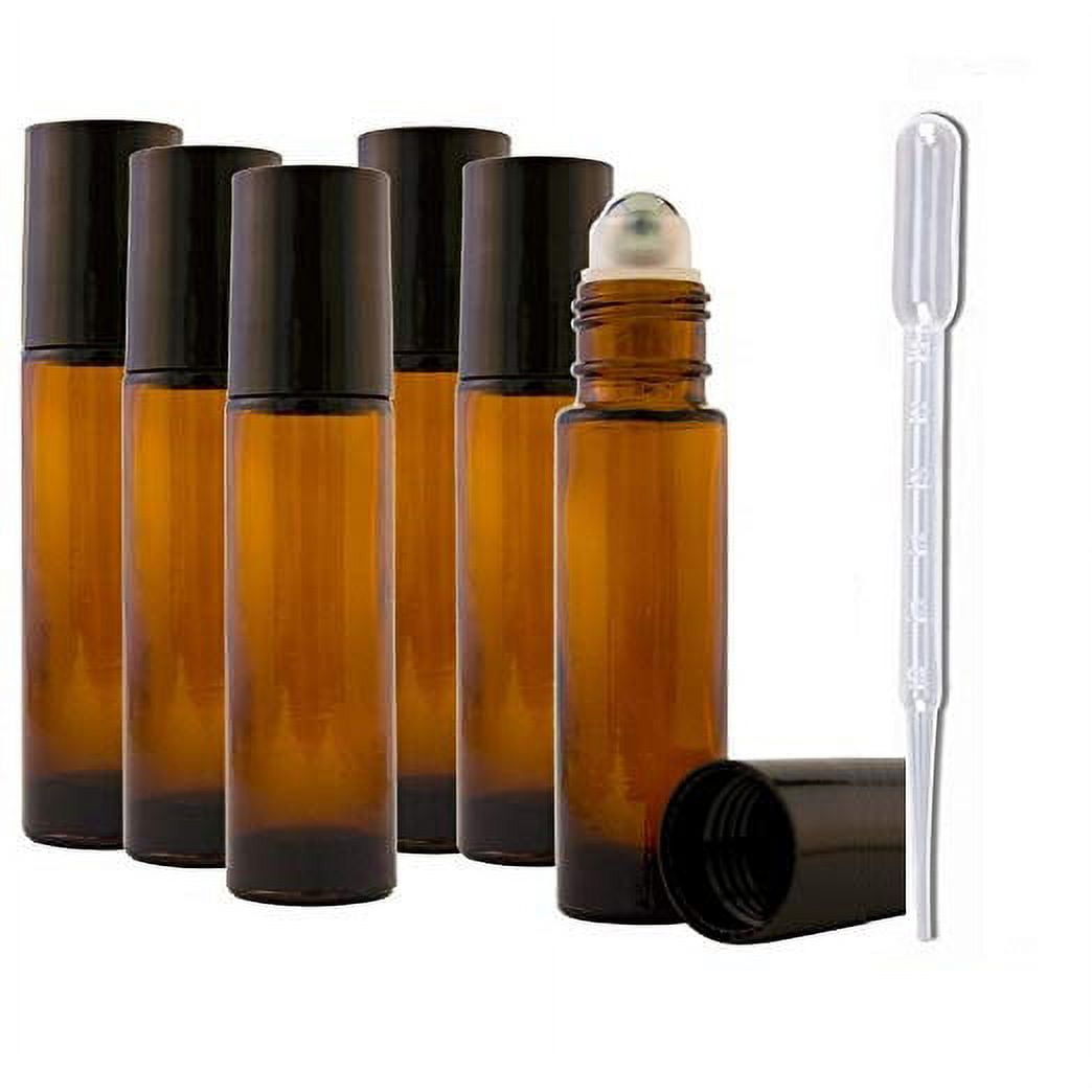 6 pack - 10 ml (1/3 fl oz) Amber Roll On Bottles With Stainless Steel ...