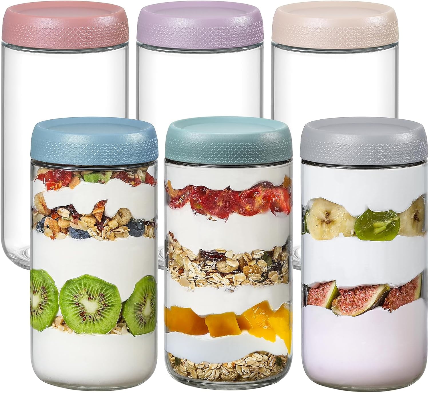6-pack 16 oz Overnight Oats Containers with Lids, Glass jars with ...