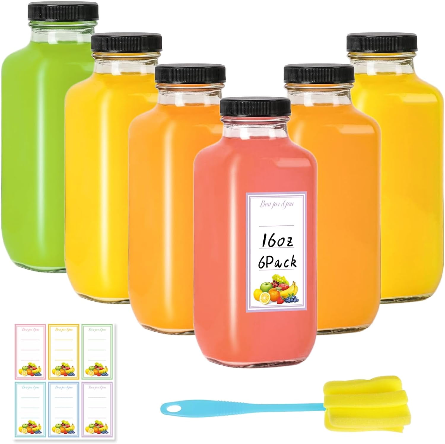 6 pack 16oz glass juice bottles with lids, 480ml drinking bottles with ...