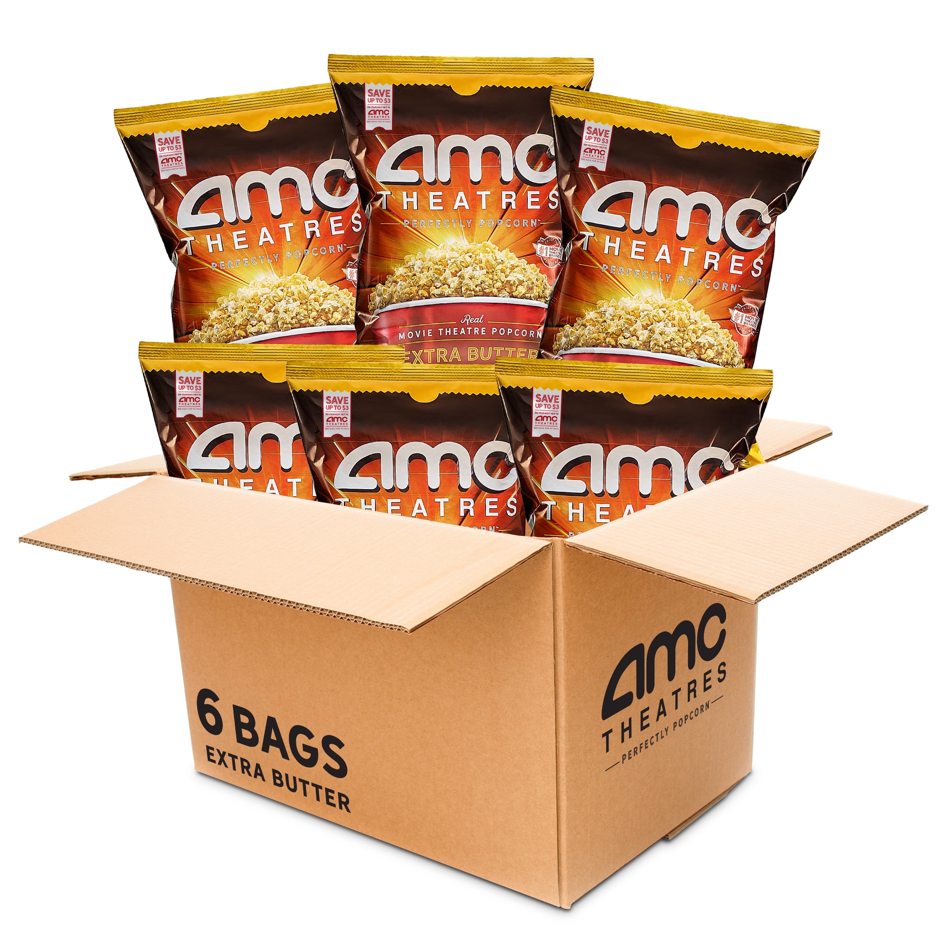 (6 pack) AMC Theatres Ready to Eat Popcorn, Extra Butter - Walmart.com