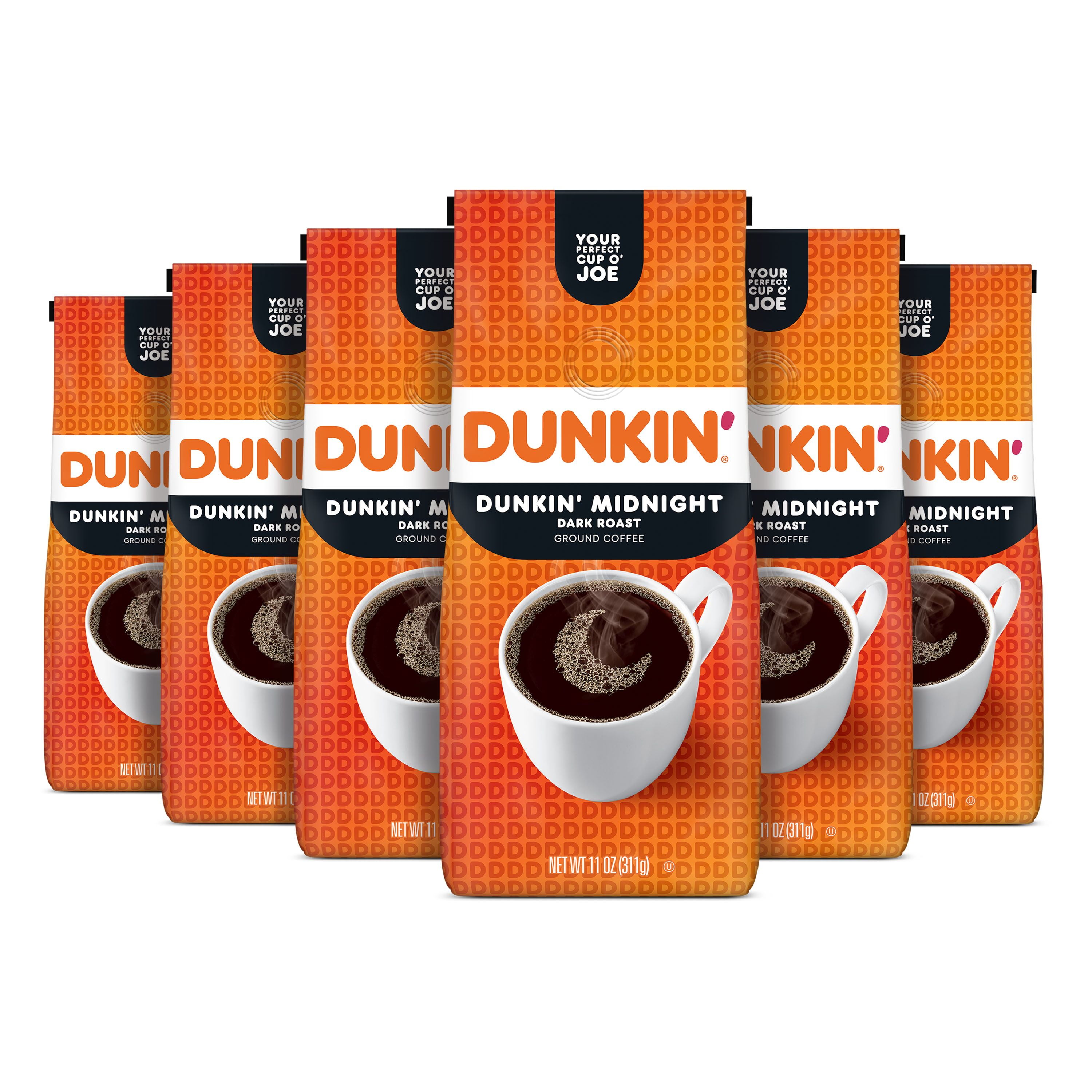 (6 pack) Dunkin’ Midnight Dark Roast Ground Coffee, 11 oz Bag - Walmart.com
