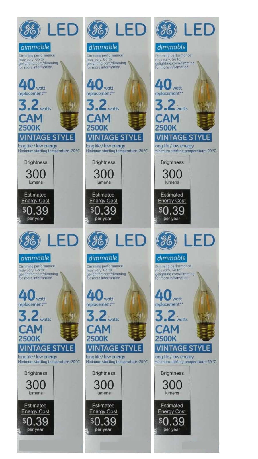 (6 pack) GE 75914 Vintage Style LED 40 watt equivalent Decorative CAM ...