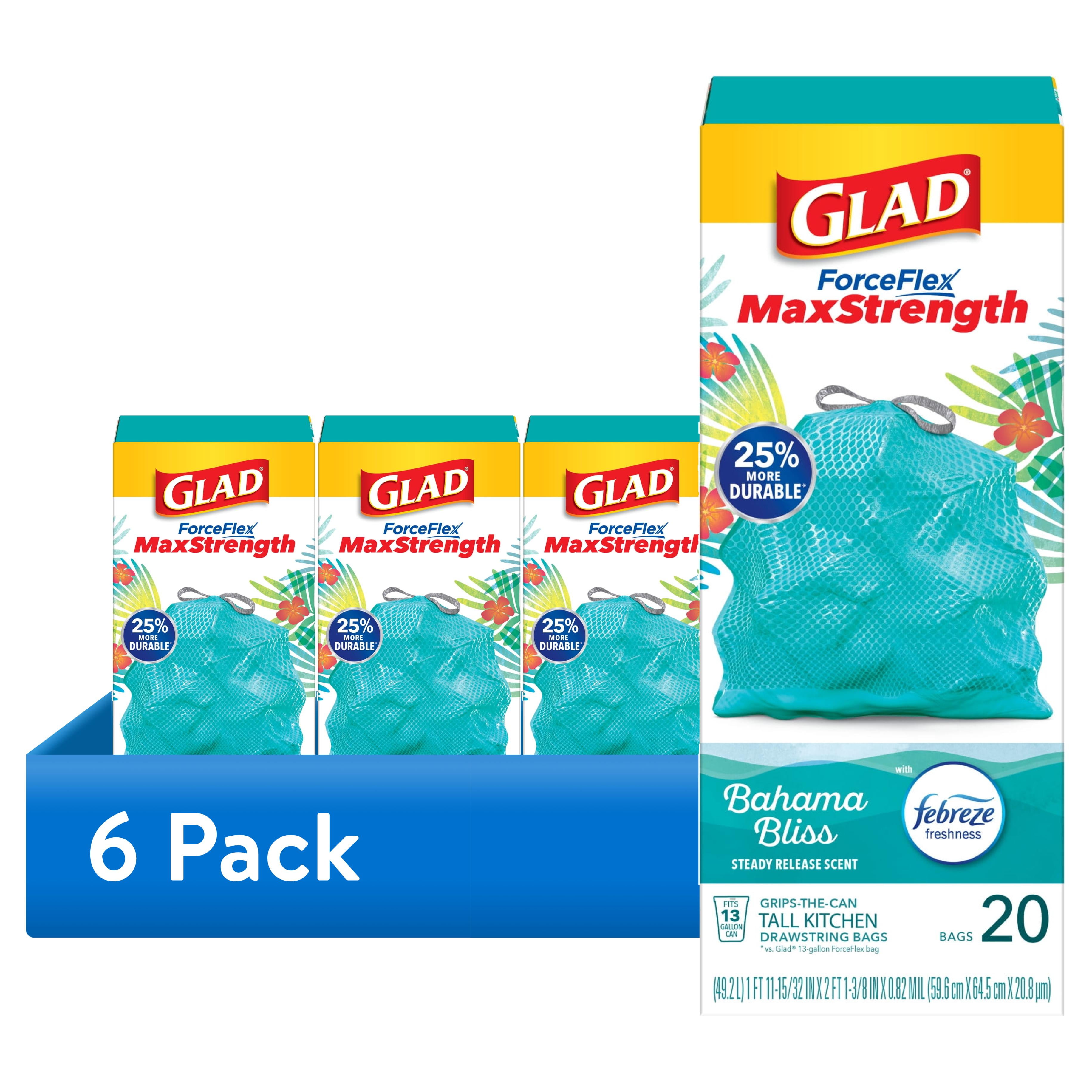 (6 pack) Glad ForceFlex MaxStrength Scented Tall Kitchen Trash Bags, 13 ...
